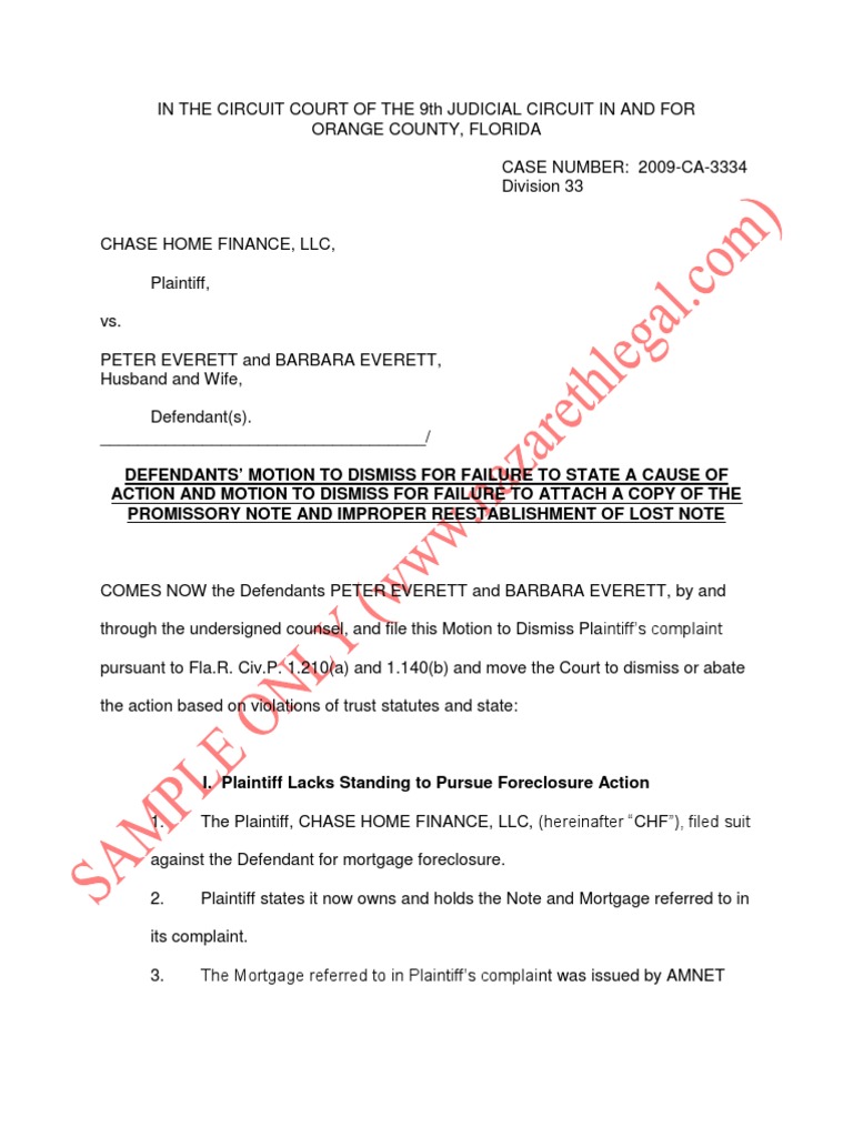 Motion to Dismiss Example | Foreclosure | Mortgage Law