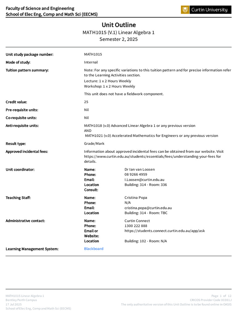 MATH1015 Linear Algebra 1 Semester 2 2025 Bentley Perth Campus INT ...