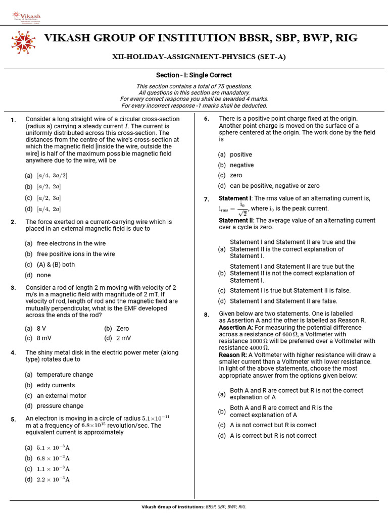 Xii Jee Holiday Assignment 2025 26 Final | PDF | Inductor | Capacitor