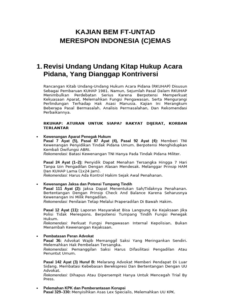 Kajian BEM FT-UNTAD Merespon Indonesia Cemas | PDF