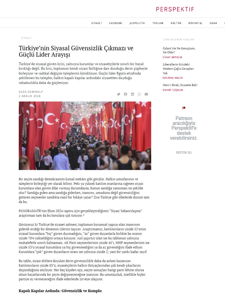 Türkiye'Nin Siyasal Güvensizlik Çıkmazı Ve Güçlü Lider Arayışı - SEDA ...