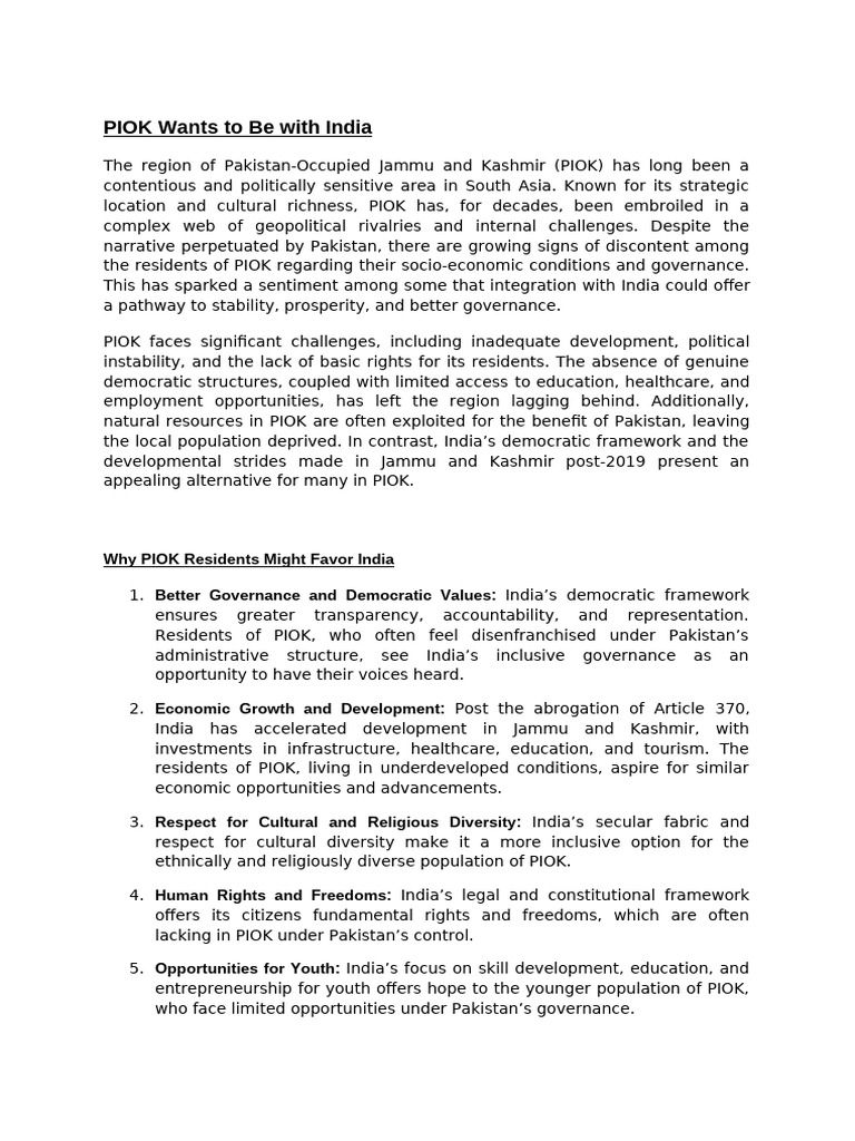 PIOK Wants To Be With India | PDF | Pakistan | Governance