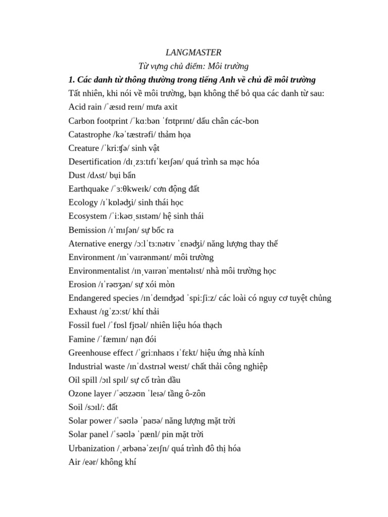 Từ Vựng Tiếng Anh Chủ Đề Môi Trường - Nguồn LANGMASTER | PDF
