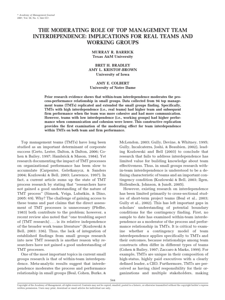 The Moderating Role of Top Management Team Interdependence X | PDF ...