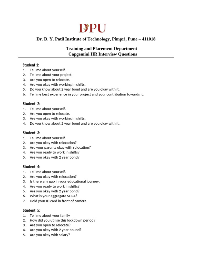 Capgemini HR Interview Question | PDF