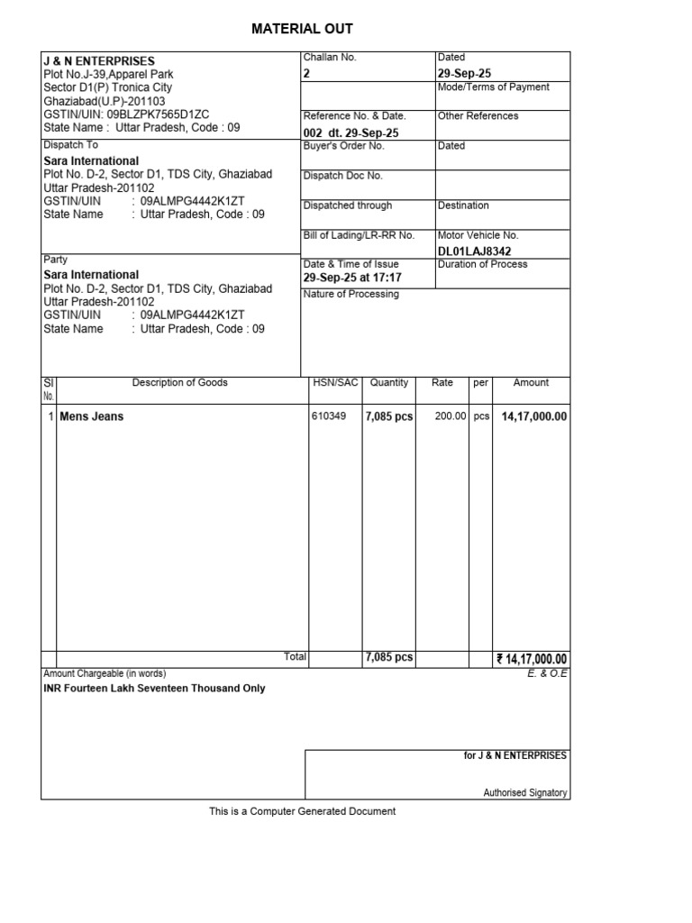 Material Dispatch: Mens Jeans Invoice | PDF