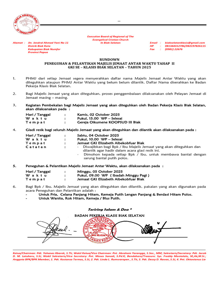 Peneguhan Majelis Jemaat GKI Biak 2025 | PDF