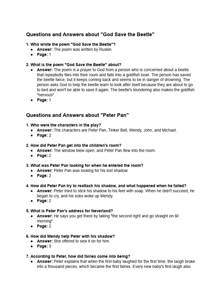Q&A on "God Save the Beetle" & "Peter Pan" | PDF | Lost Boys (Peter Pan ...