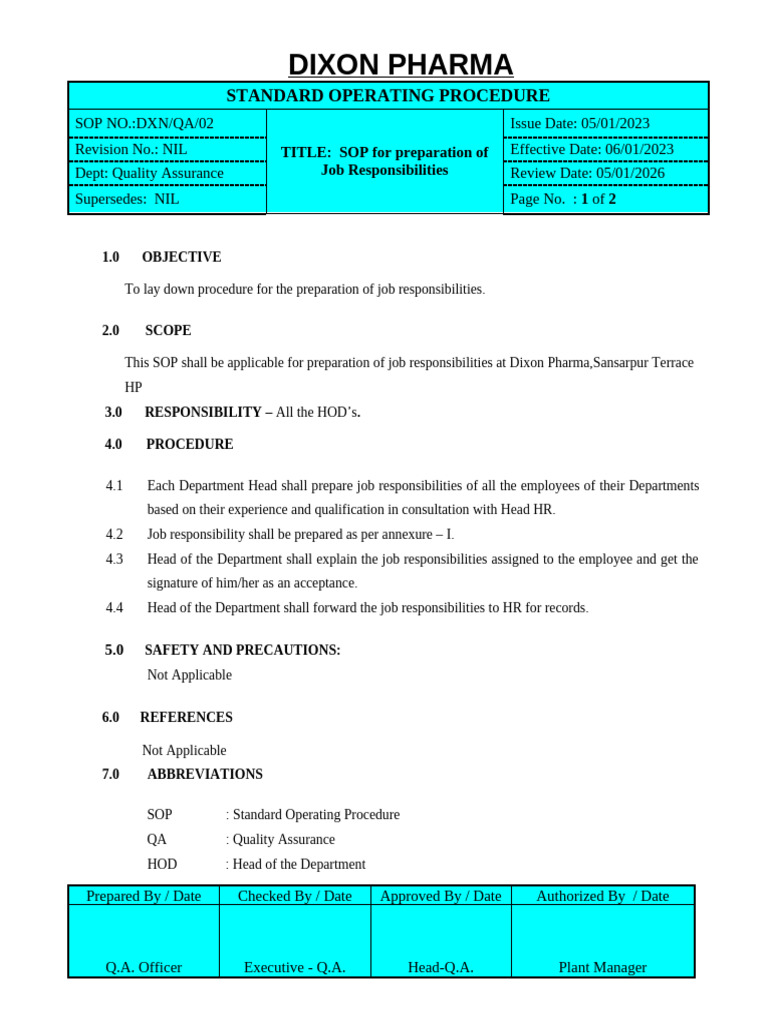 SOP for Job Responsibilities at Dixon Pharma | PDF | Quality Assurance ...