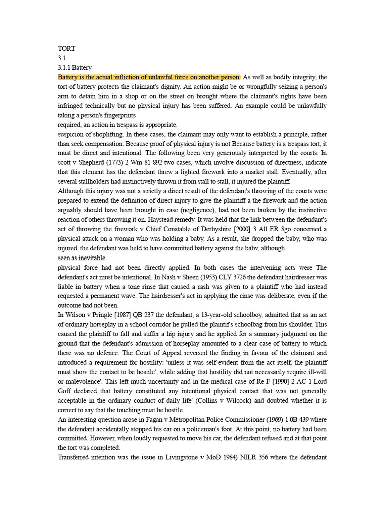 Trespass To Person and Land | PDF | Trespass | Tort