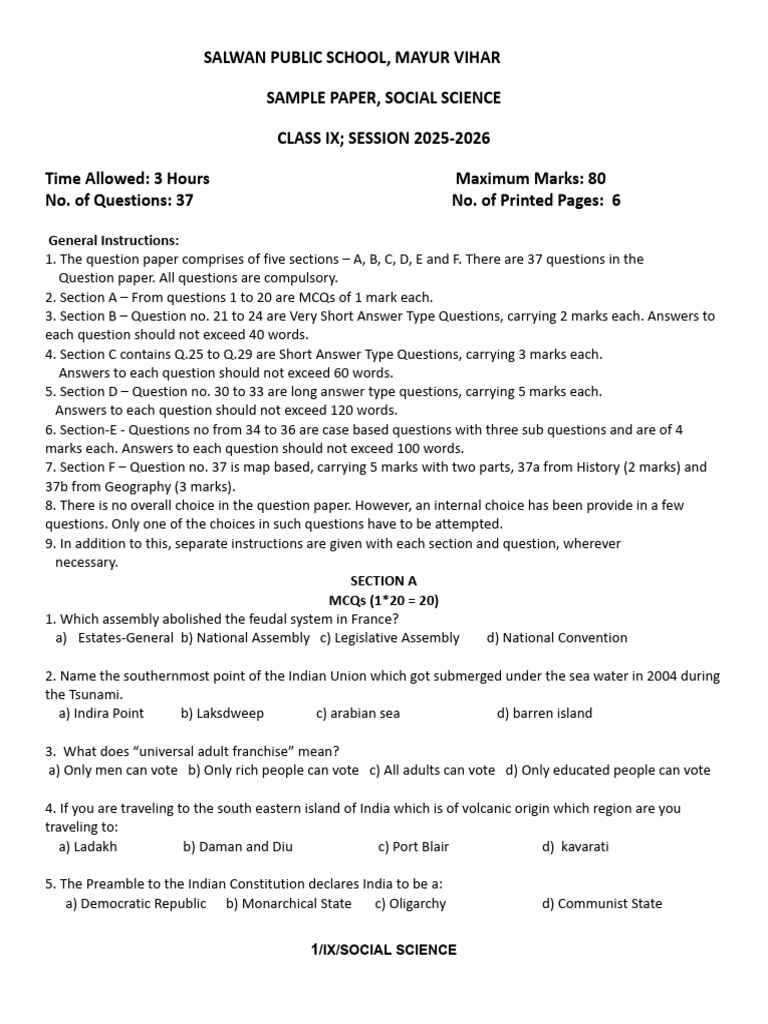 Sample Paper Class IX 2025 | PDF | Lake | River