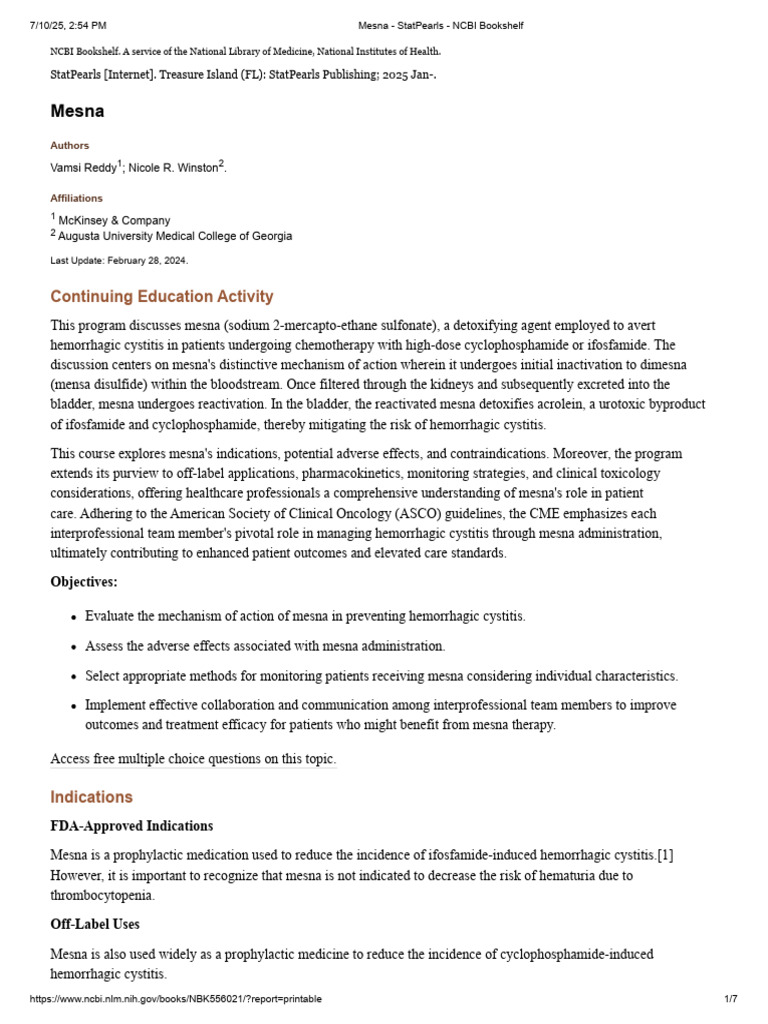 Mesna - StatPearls - NCBI Bookshelf | PDF | Dose (Biochemistry) | Chemistry