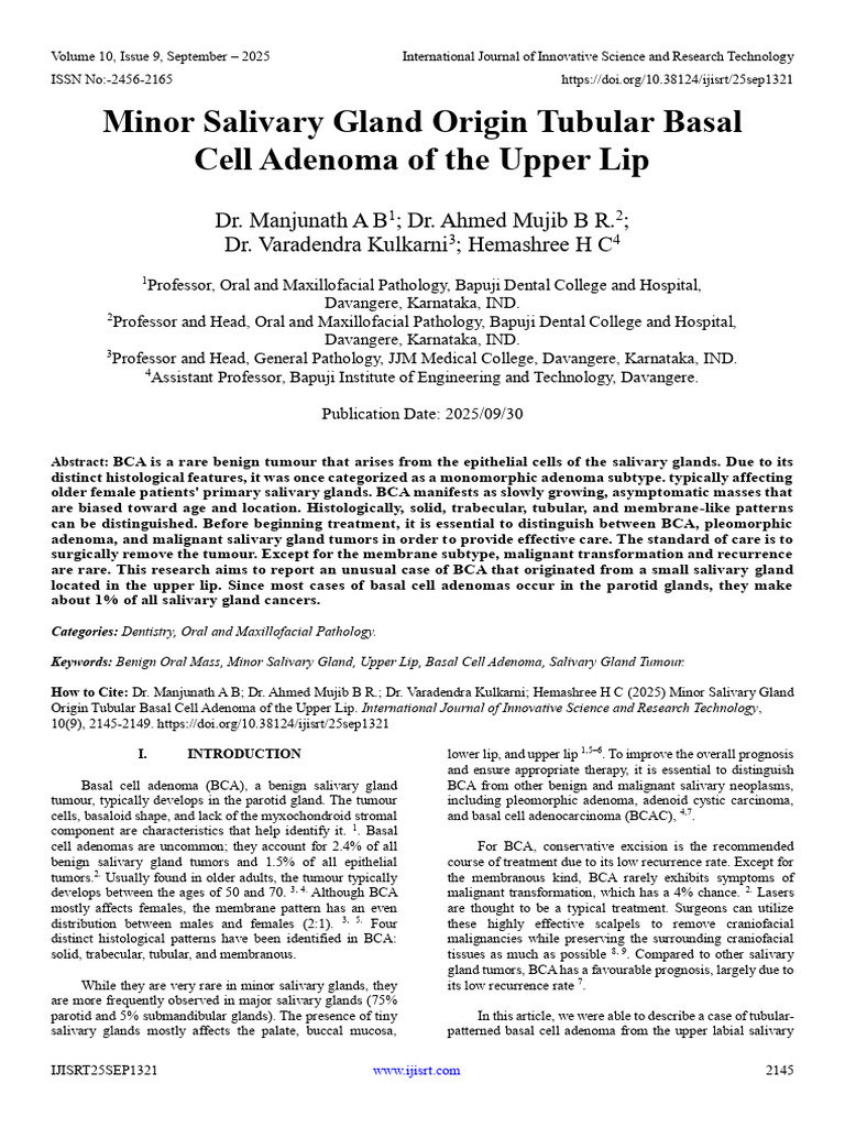 Minor Salivary Gland Origin Tubular Basal Cell Adenoma of The Upper Lip ...
