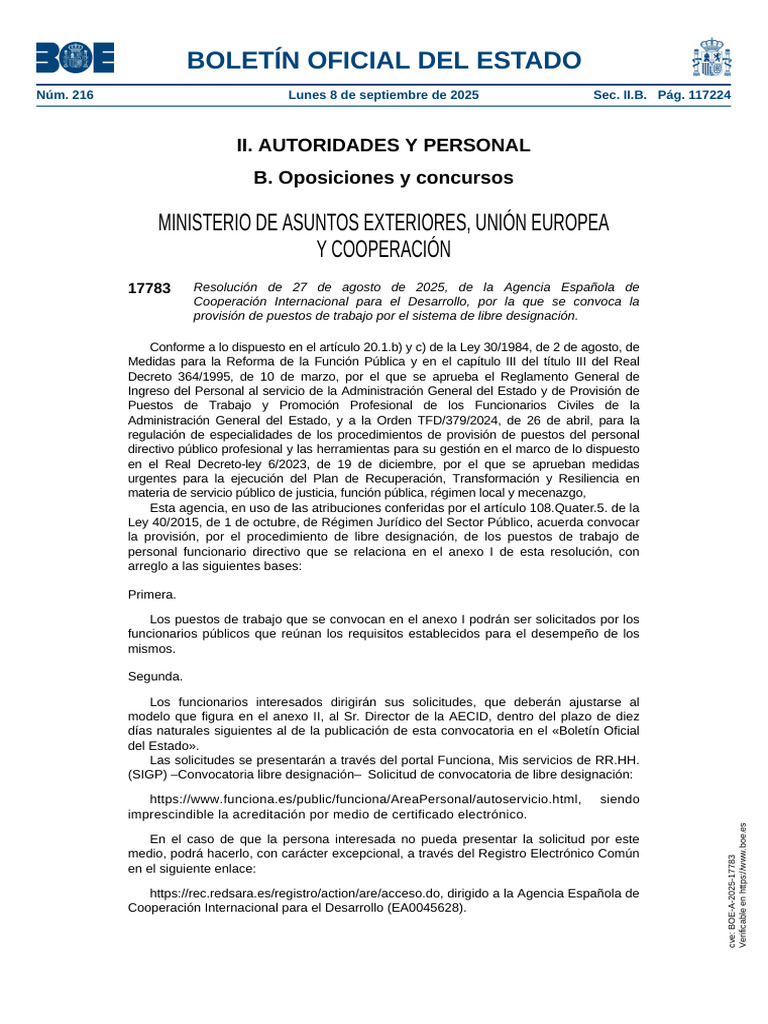 Disposición 17783 Del BOE Núm. 216 de 2025 | PDF | Gobierno