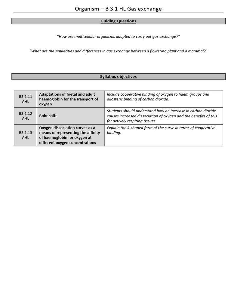 B 3.1 HL Gas Exchange - Student Notes | PDF | Hemoglobin | Blood