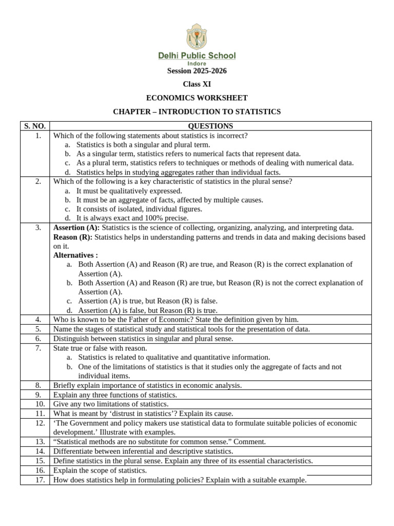Class XI Economics: Statistics Worksheet | PDF | Statistics | Data