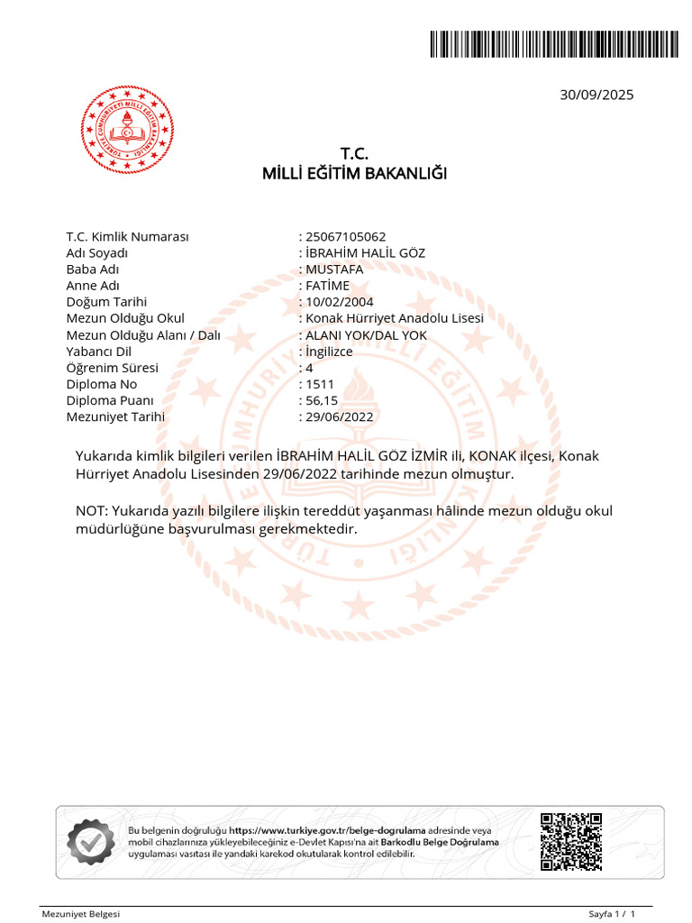 Milli Egitim Lise Mezuniyet Belgesi Sorgulama | PDF