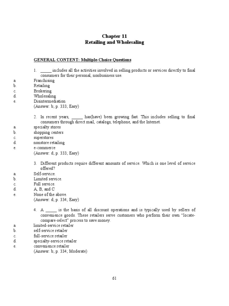 Multiple Choice Questions on Retailing and Wholesaling Concepts: Store ...