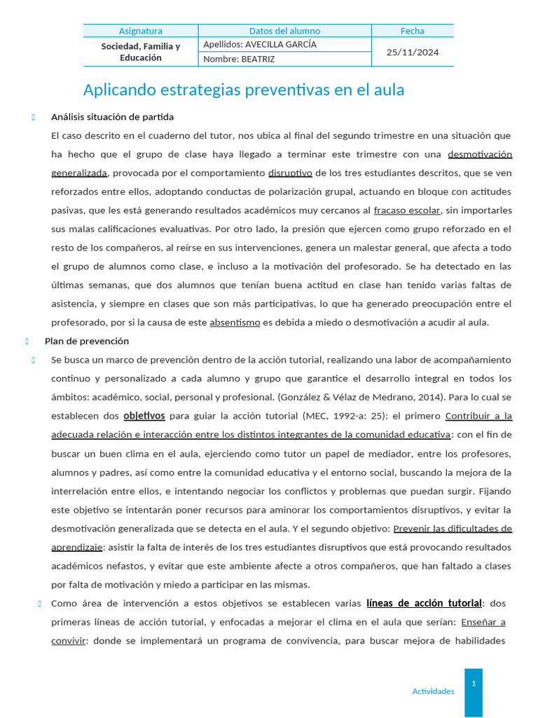 Aplicando Estrategias Preventivas en El Aula Beatriz Avecilla | PDF ...