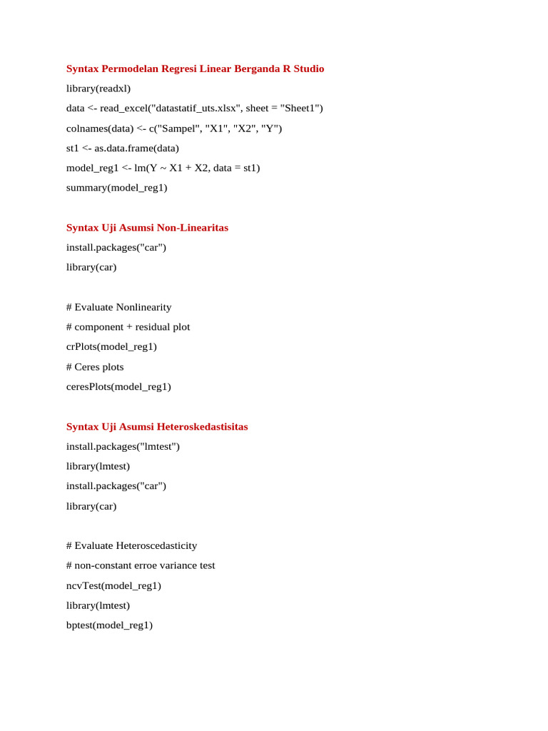 Syntax Permodelan Regresi Linear Berganda R Studio | PDF