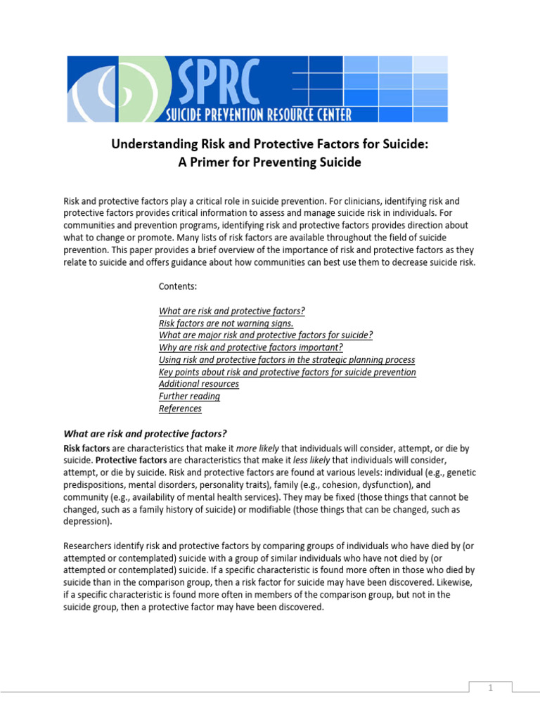 Risk Protective Factors Primer | PDF | Suicide | Myocardial Infarction