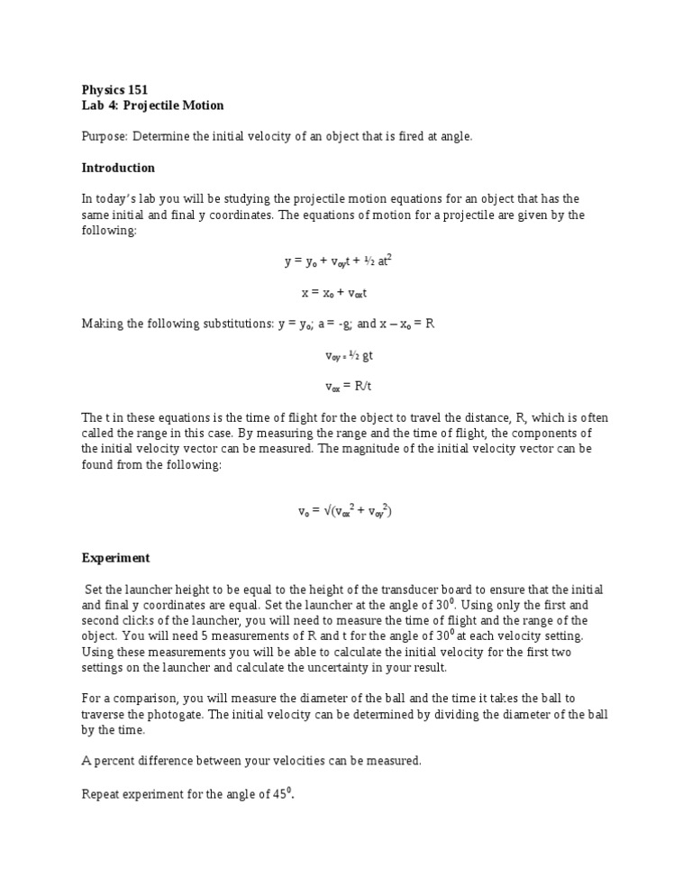 Physics 151 Lab 4: Projectile Motion | PDF | Science & Mathematics