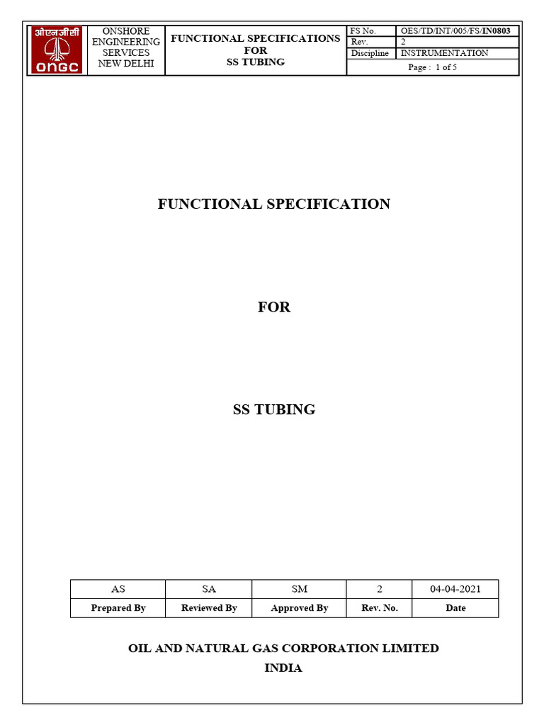 Functional Specification For Ss Tubing | PDF | Pipe (Fluid Conveyance ...