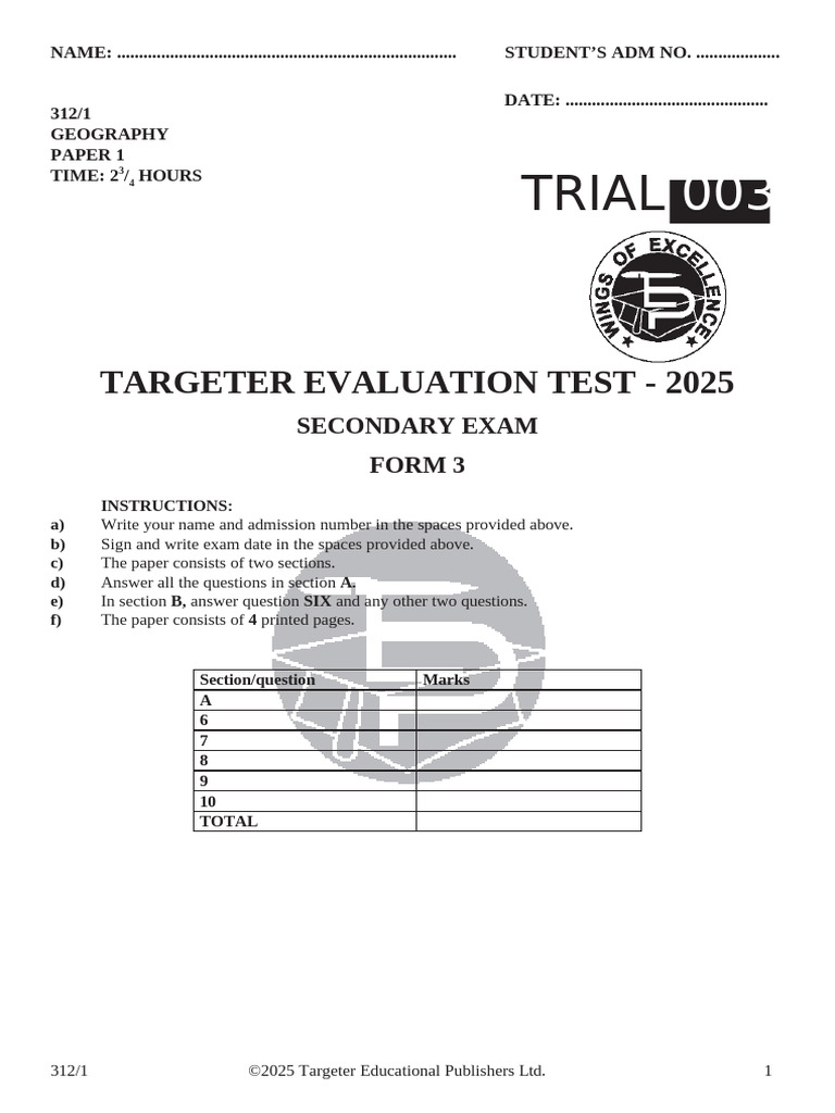 Geography pp1 One Question Paper | PDF | Lake | Soil