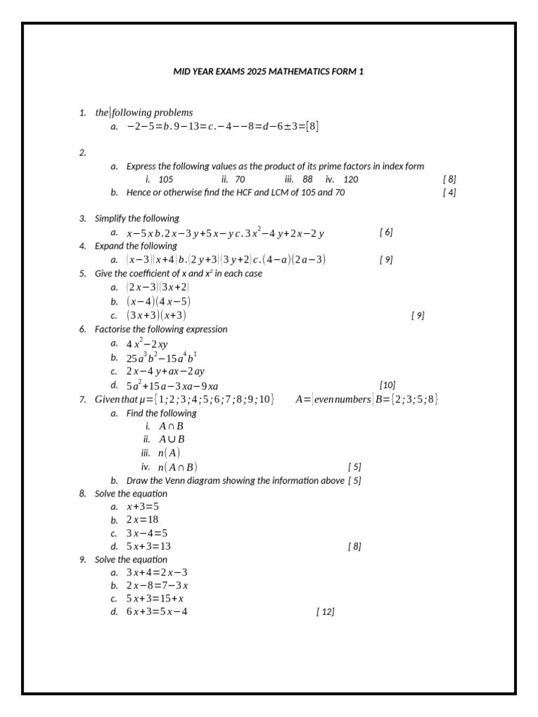 Mid Year Exams 2025 Mathematics Form 1 | PDF