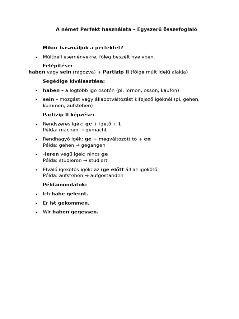 A Német Perfekt Használata | PDF
