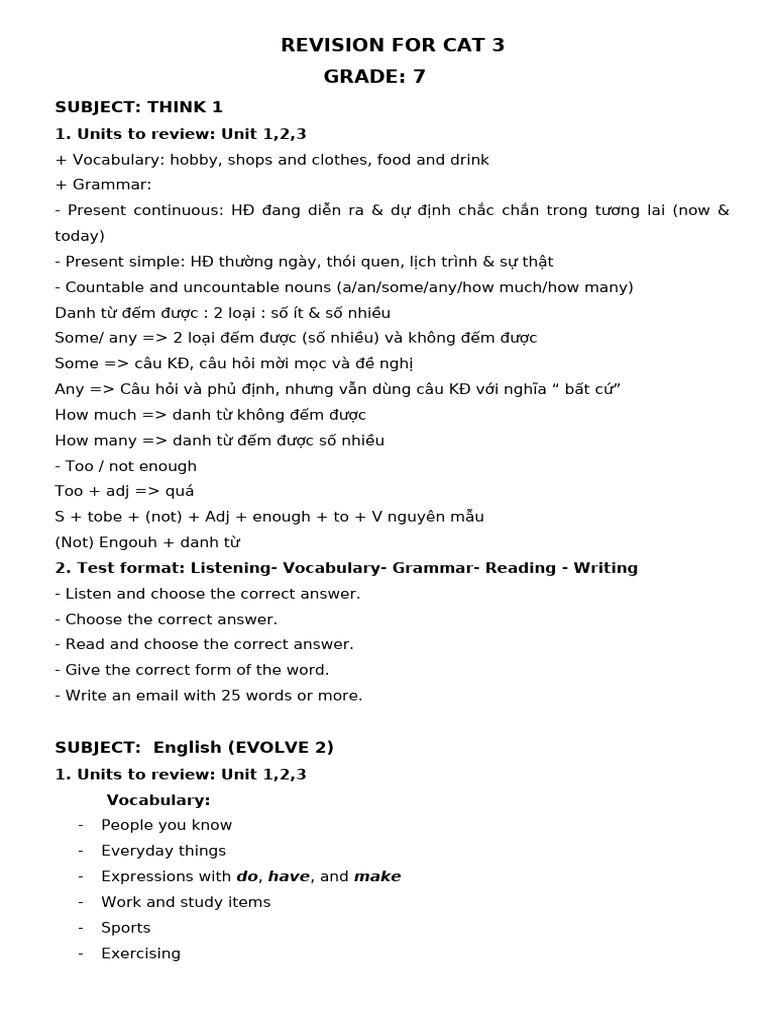 Grade 7 - Revision Cat 3 - Term 1 | PDF