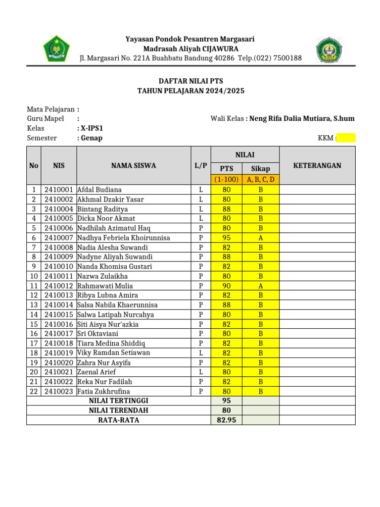 Templet Nilai Pts Prakarya Kelas X TP 2024-2025 | PDF