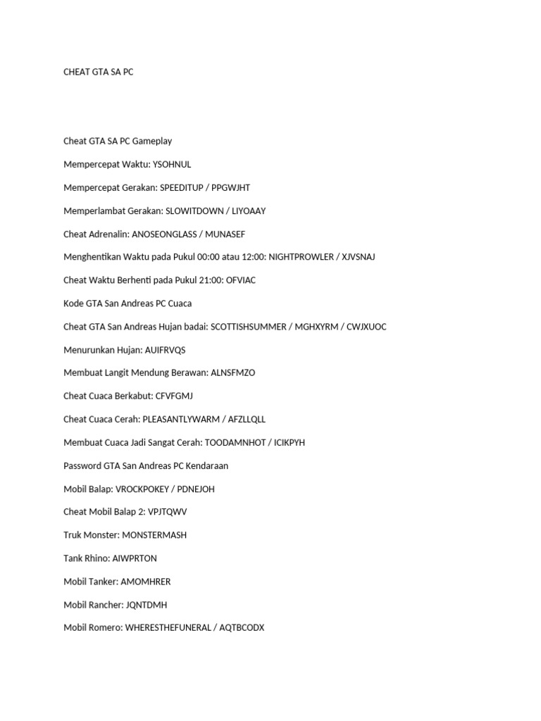 Cheat GTA SA PC Terlengkap dan Populer | PDF