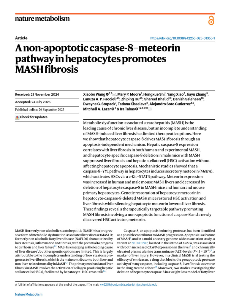 A Non-Apoptotic Caspase-8-Meteorin Pathway in Hepatocytes Promotes MASH ...