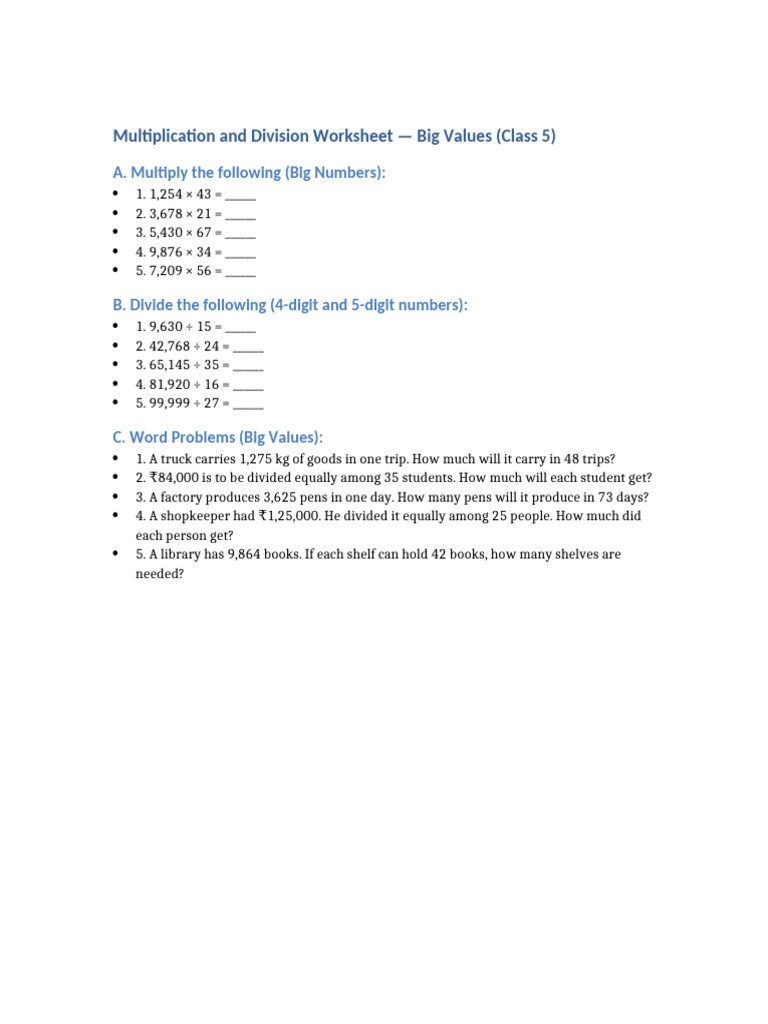 Multiplication Division Big Values Class5 | PDF
