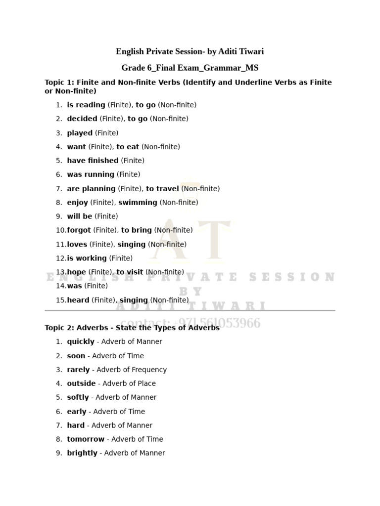Grade 6 Grammar Exam: Verbs & Adverbs | PDF | Adverb | Linguistics