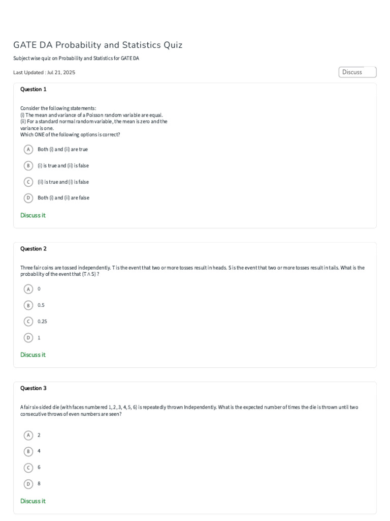 GATE DA Probability & Statistics Quiz | PDF | Random Variable | Variance
