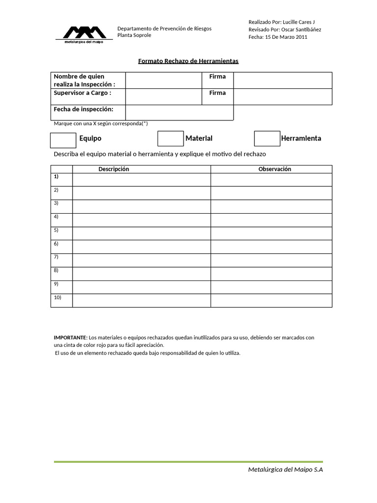Formato Rechazo de Herramientas | PDF