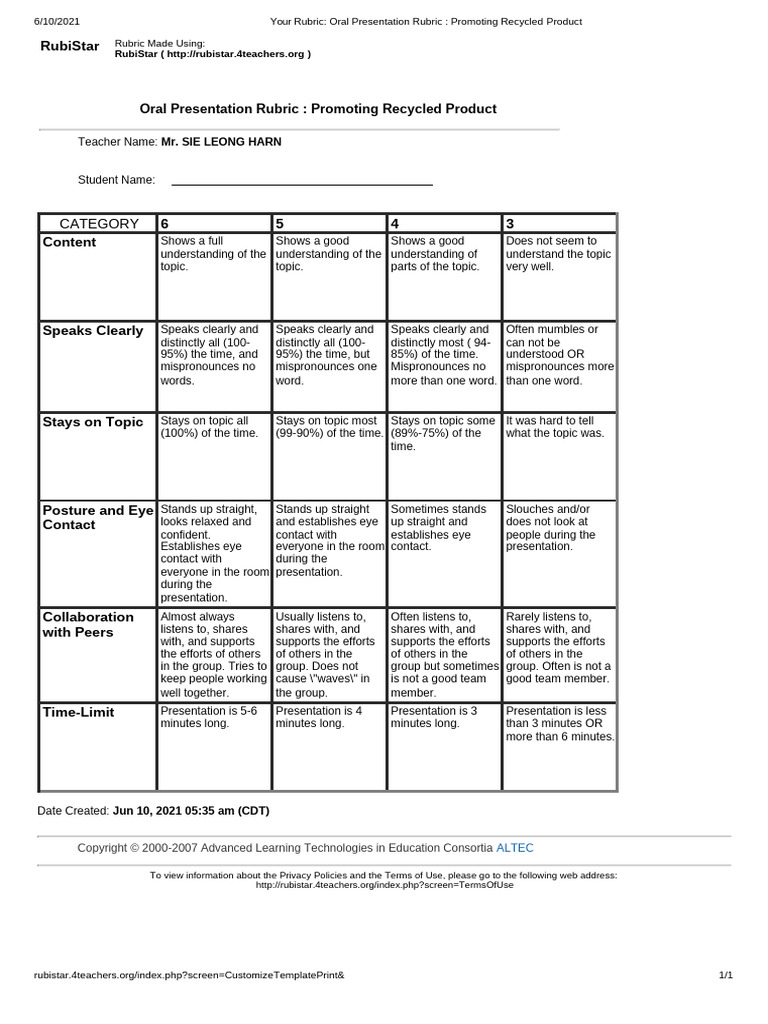 Oral Presentation Rubric for Recycling | PDF | Human Communication ...