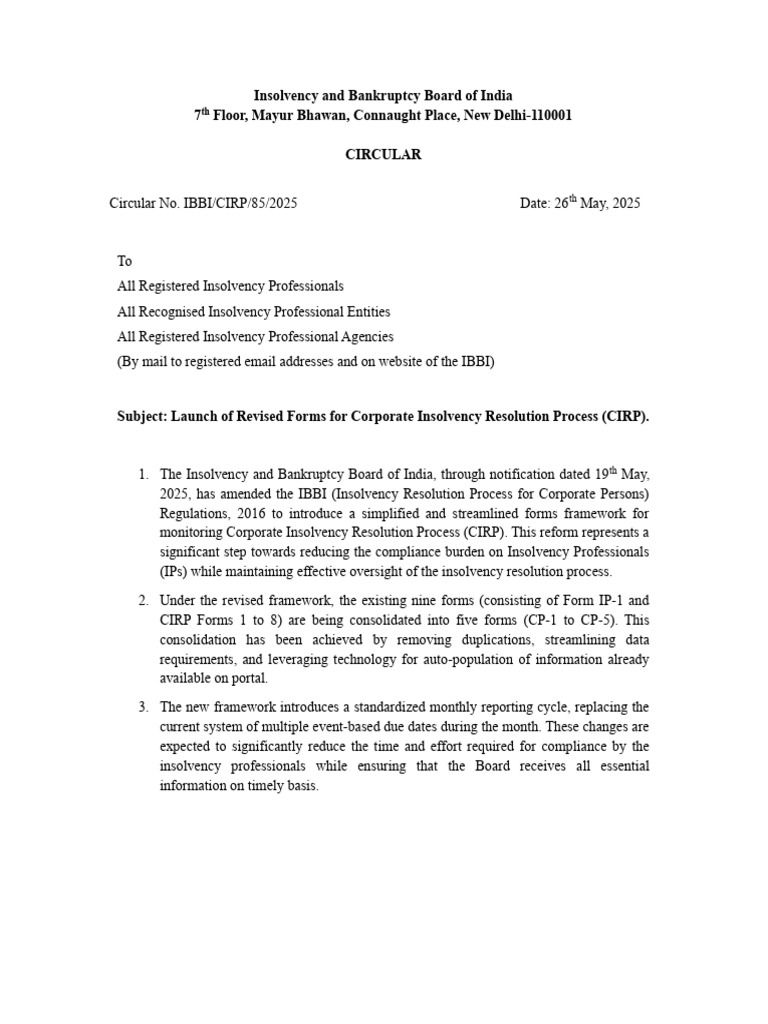 Revised CIRP Forms Launch Announcement | PDF | Bankruptcy | Liquidation
