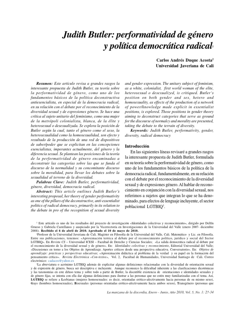 Judith Butler Performatividad de Género | PDF | Transgénero | Estudios ...