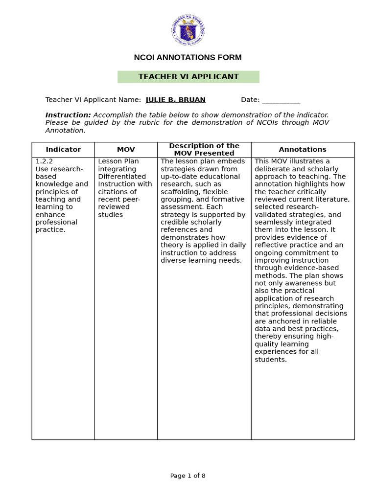 NCOI Annotations Form For Teacher VI Applicant | PDF | Learning | Teachers
