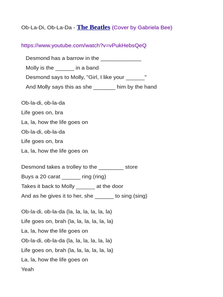 Ob-La-Di, Ob-La-Da Lyrics Analysis | PDF