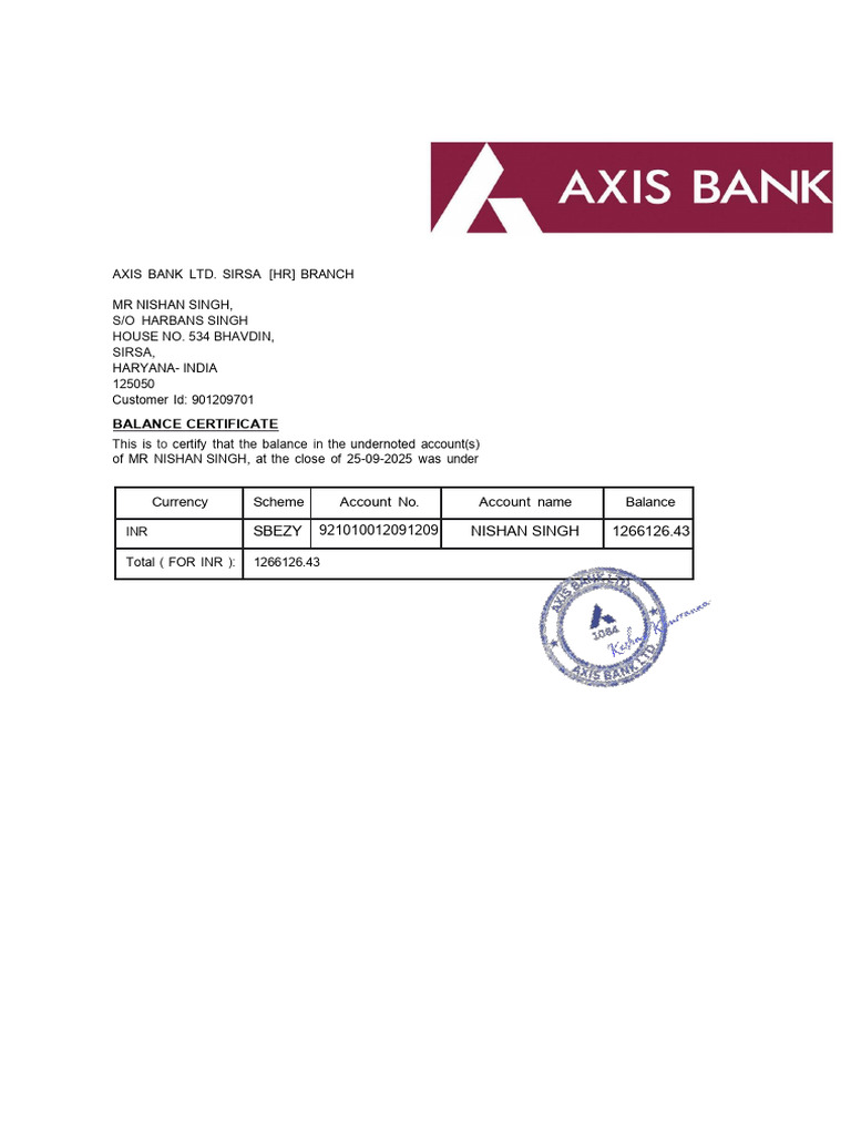 Axis Bank Balance Certificate for Nishan Singh | PDF