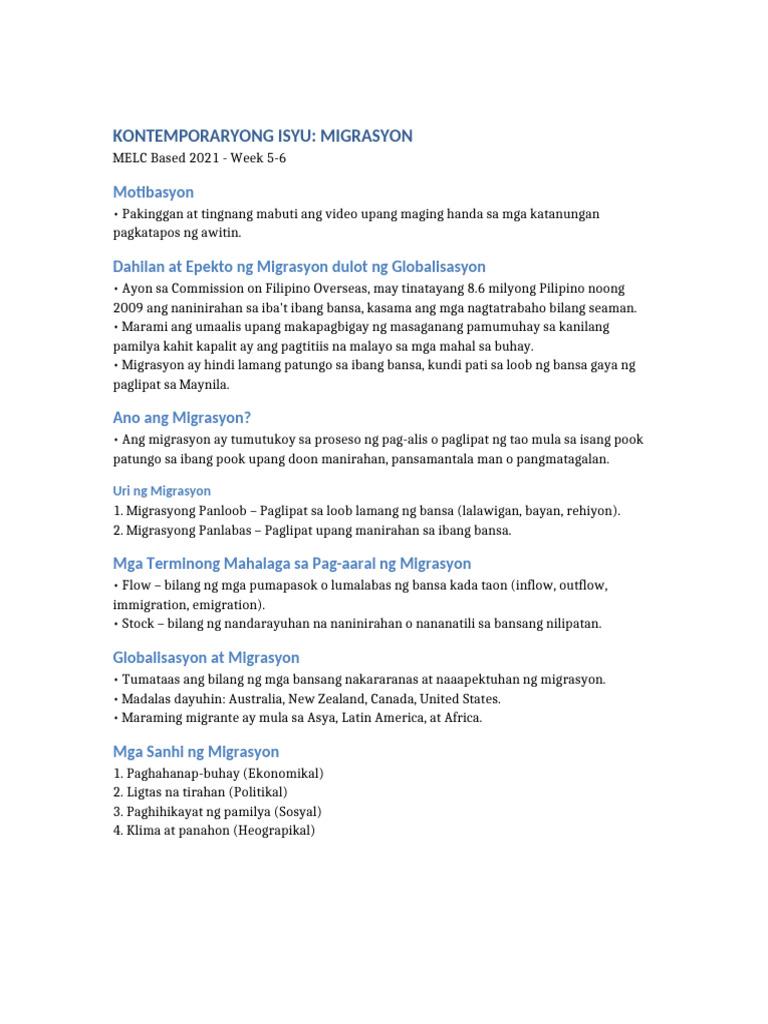 Handout Migrasyon 1 | PDF