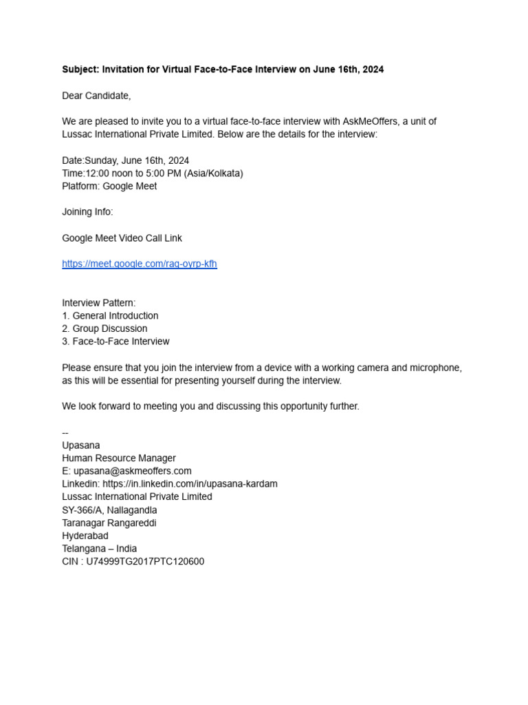Subject - Invitation For Virtual Face-To-Face Interview On June 16th ...