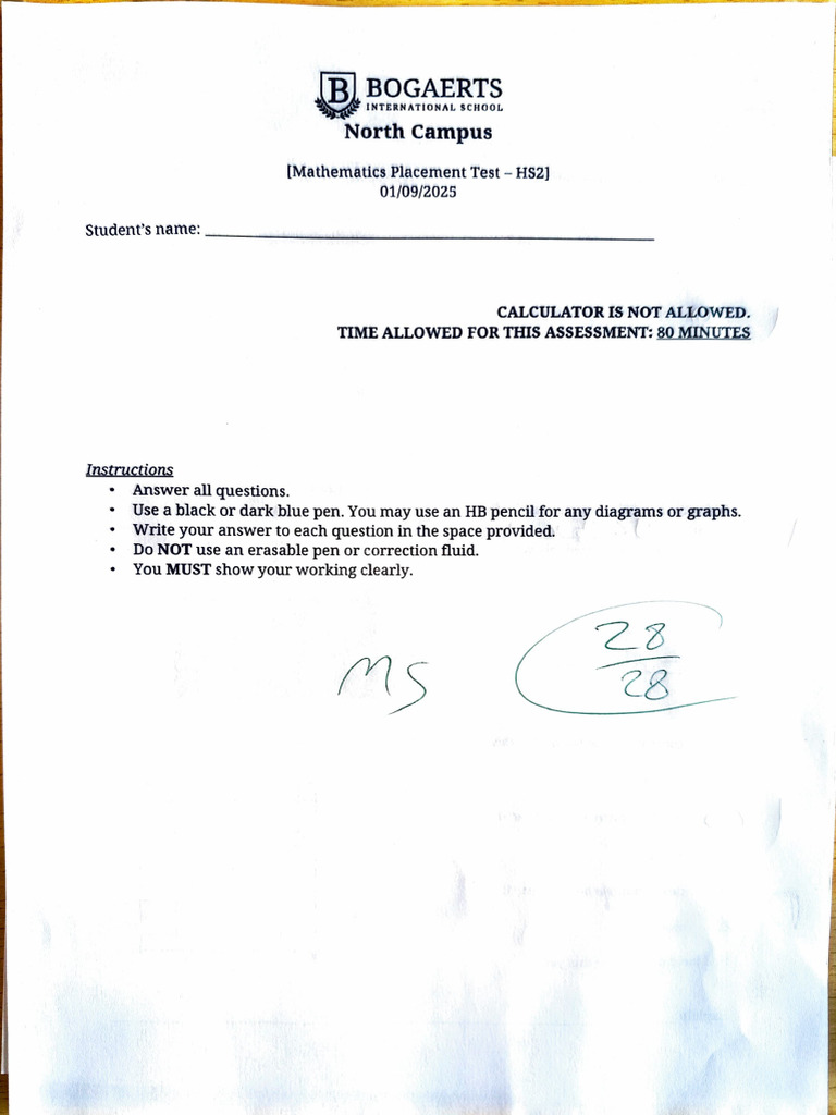 Math Placement Test Hs2 Final Ms | PDF