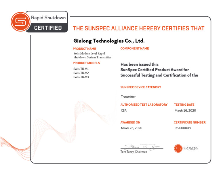 SunSpec Ginlong Certificate RS 000008 Bj62rR3 | PDF