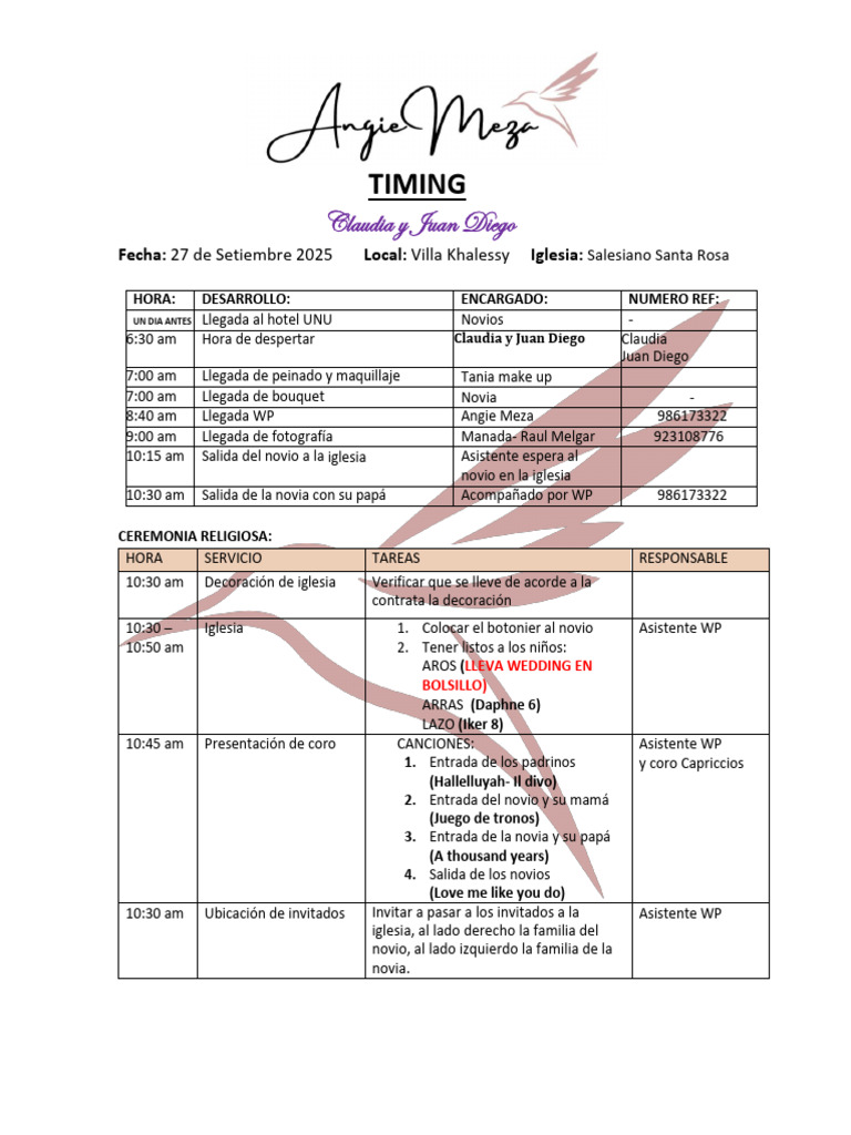 TIMING BODA WP - Clau y Juan Diego 27 Setiembre 2025 FINAL | PDF