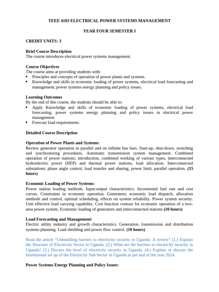 Course Outline TEEE 4103 ELECTRICAL POWER SYSTEMS MANAGEMENT | PDF ...